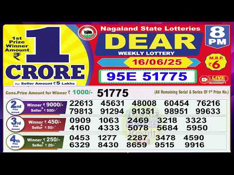 Dear Lottery Sambad Evening 8 PM today 16.06.25 Nagaland State Lottery Result