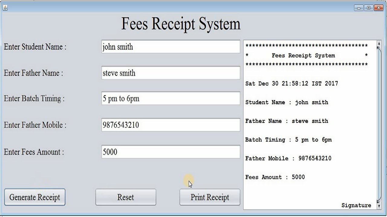 fees receipt system in java by using netbeans