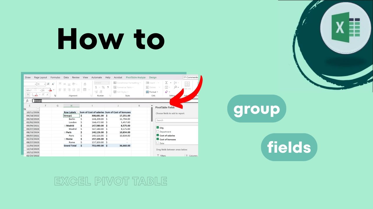 Excel Pivot Table: How to group Columns, Rows and Fields