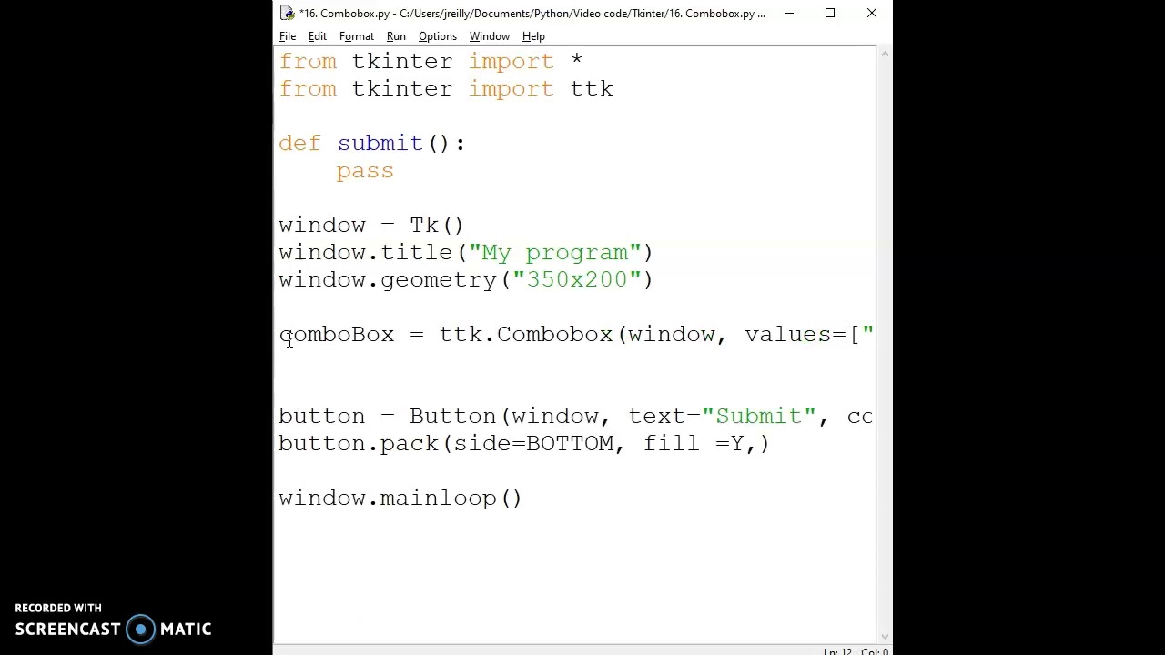 17. Tkinter: Combo Box