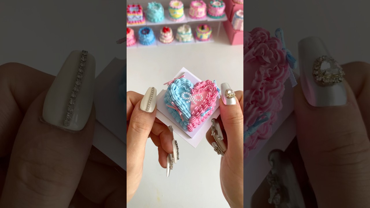Dual-Tone Heart Clay Cake Kit : Pink & Blue with Elegant bow🎀#diy#cake #clay#mini#tutorial#craft