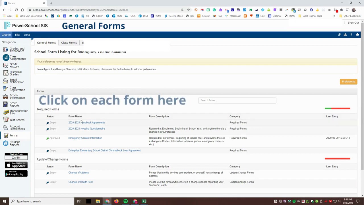 PowerSchool Parent:  Accessing General Forms