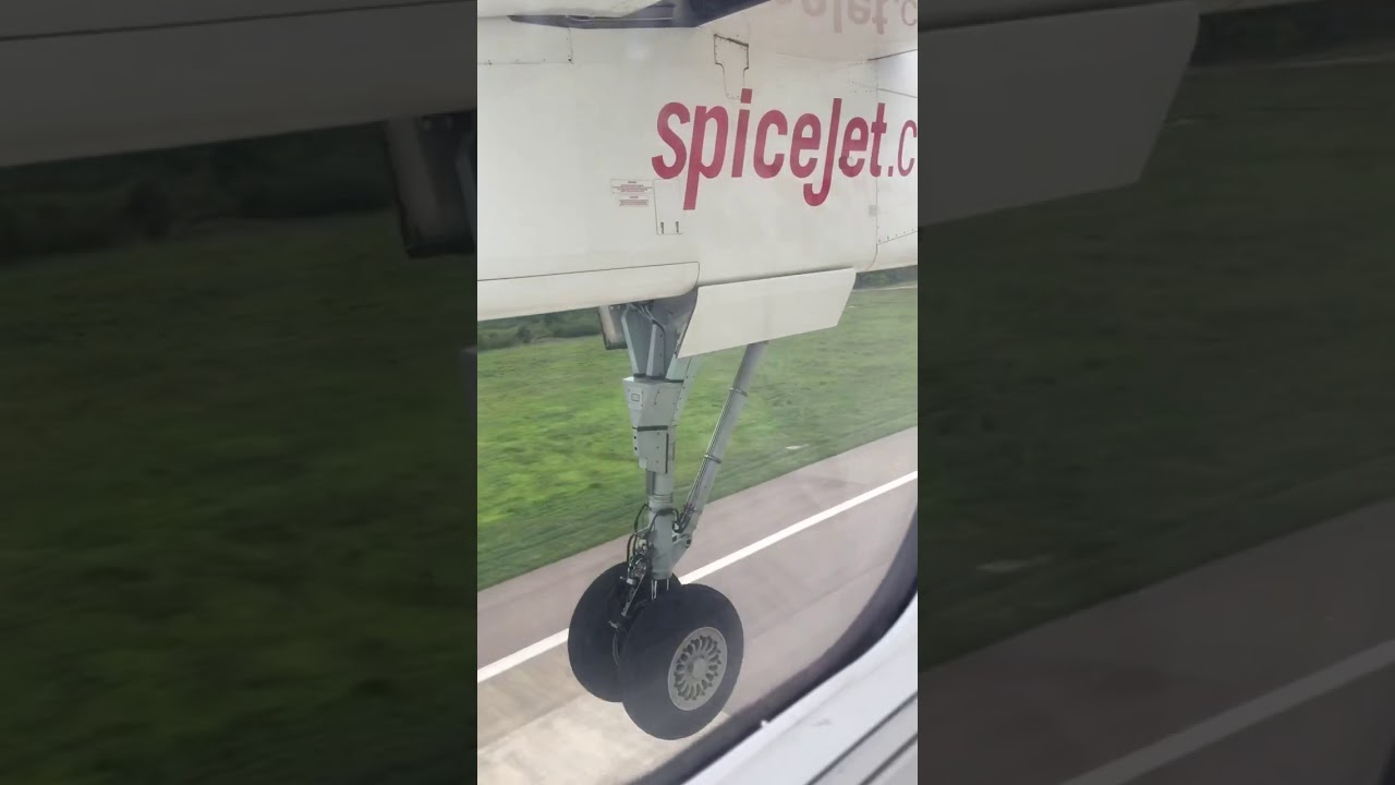 Flight landing on runway tyre view suspension