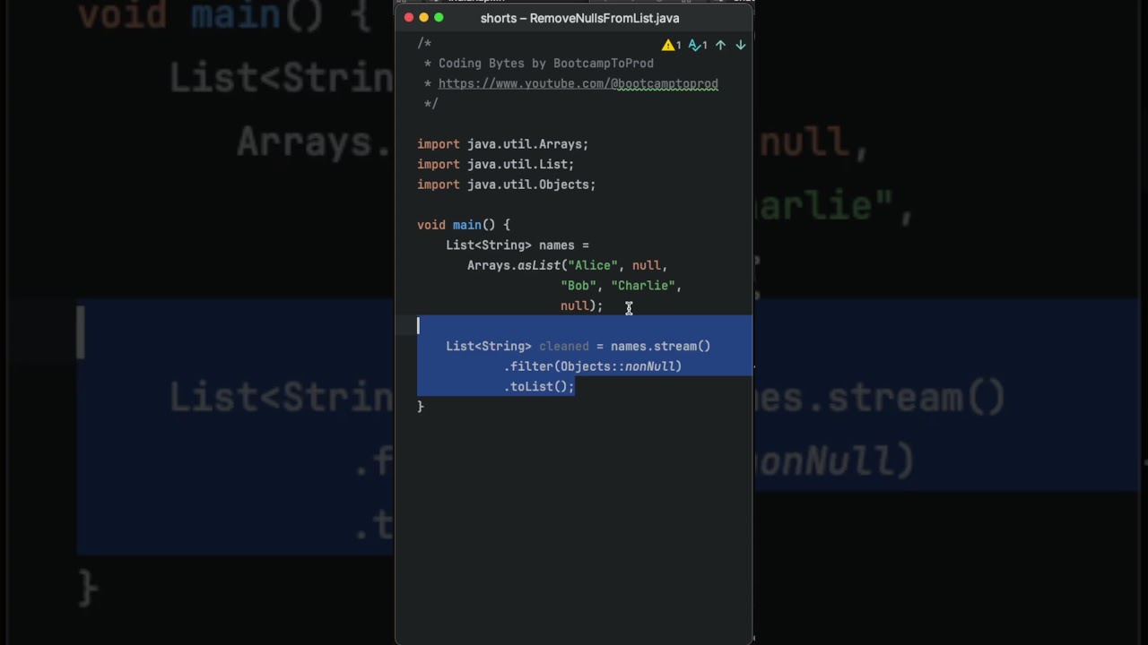 Remove Nulls from a Java List with Streams 🧹 #java #javatips #codingbytes #shorts