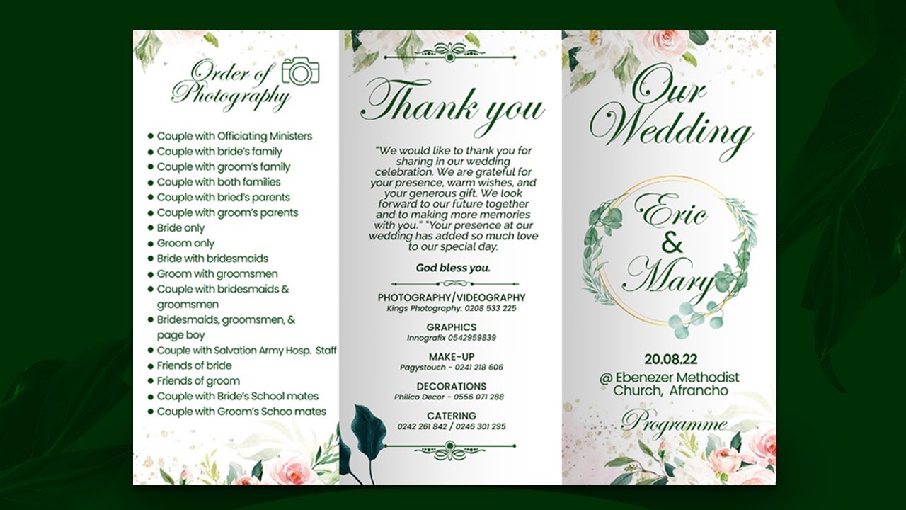 How To Design a TRI FOLD WEDDING PROGRAM OUTLINE in Photoshop | Step by Step