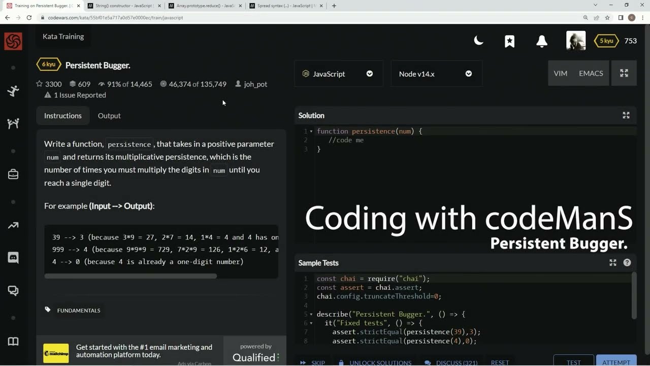 Codewars 6 kyu Persistent Bugger. Javascript