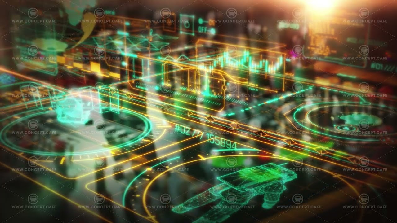 Holographic interface showing rotating 3D model, graphs, data analysis
