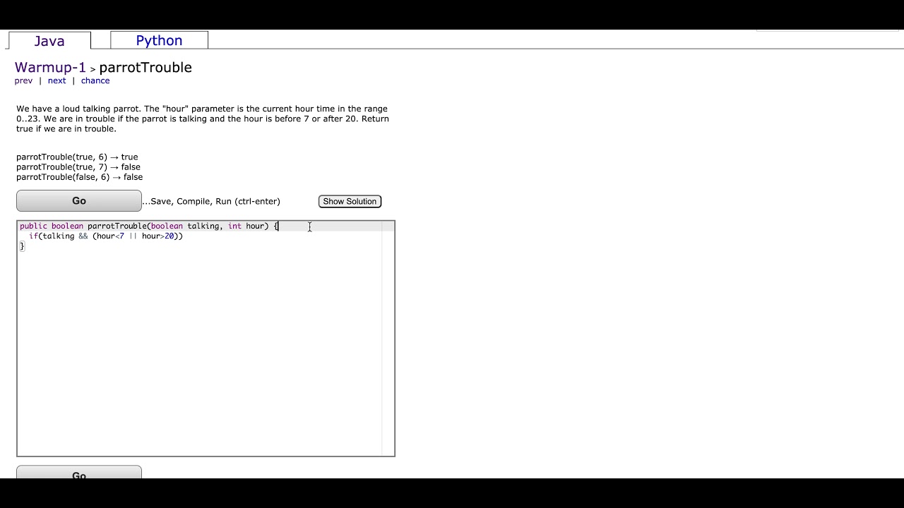 Java: CodingBat– Warmup-1– parrotTrouble