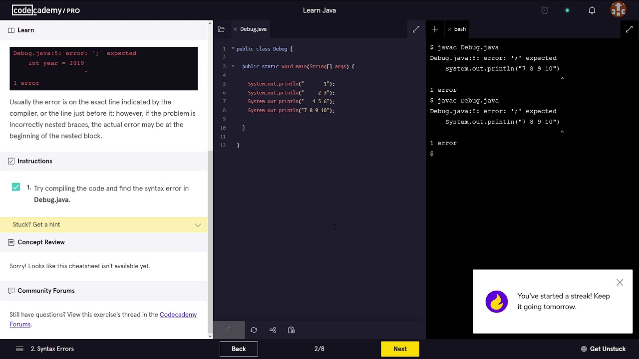 Learn Java - 9.0 Java Debugging | Codecademy Walkthrough