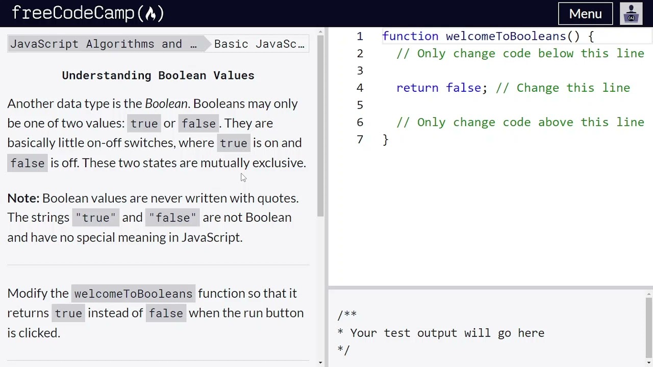 Understanding Boolean values - freeCodeCamp | Video 58 | Basic JavaScript