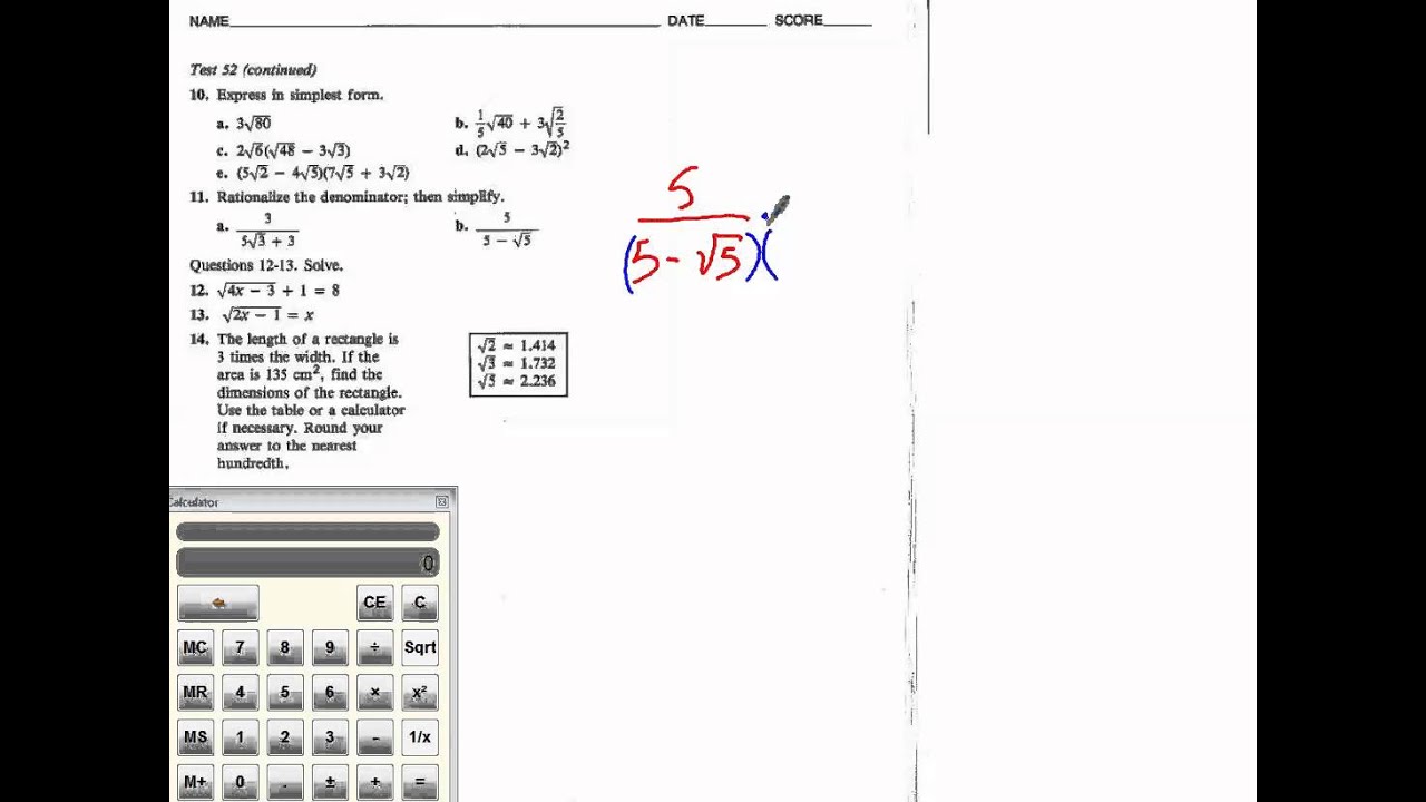 how to rationalize chapter test #11 form b