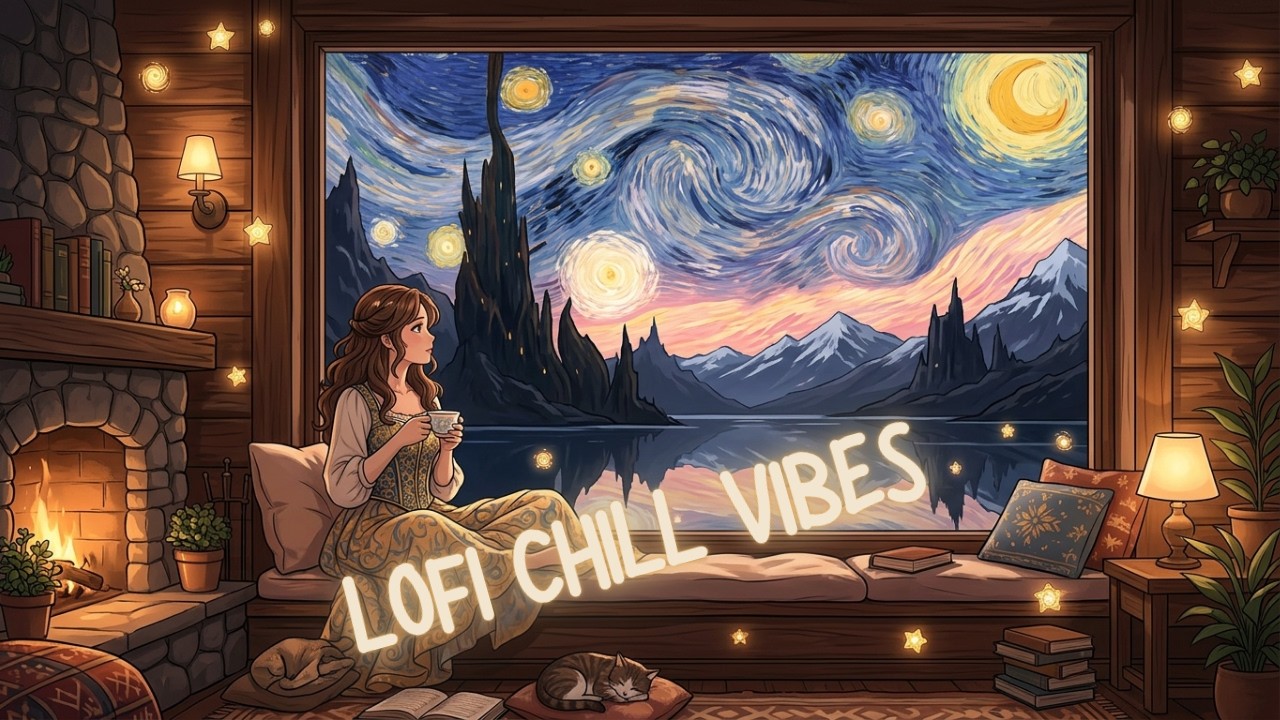 Van Gogh’s Alps Cabin: Cozy Starry Night Lofi for Deep Sleep and Dreaming.