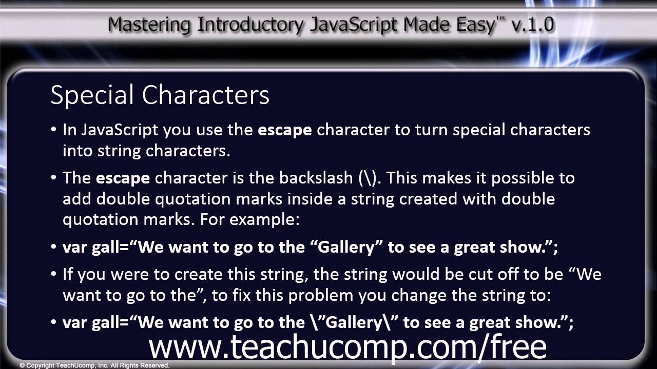 JavaScript Training Tutorial Special Characters