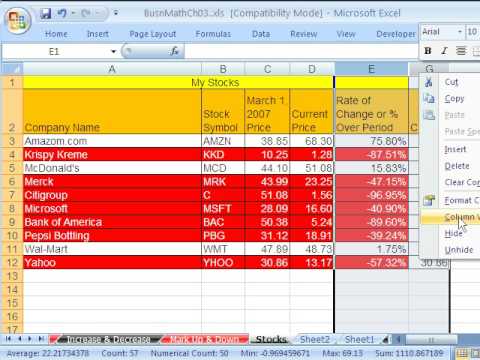 Excel Busn Math 33: Stock Values Web Query & Rate Of Change