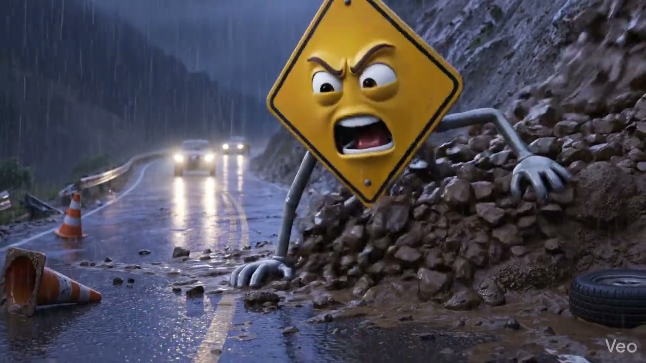 Landslide Warning Sign – Serious – Rainy Hillside