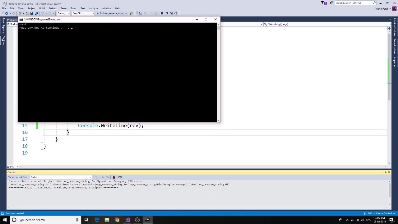 for loop reverse string || C# Programming