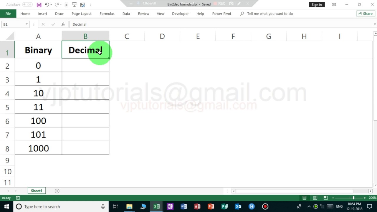 Bin2dec function example in excel