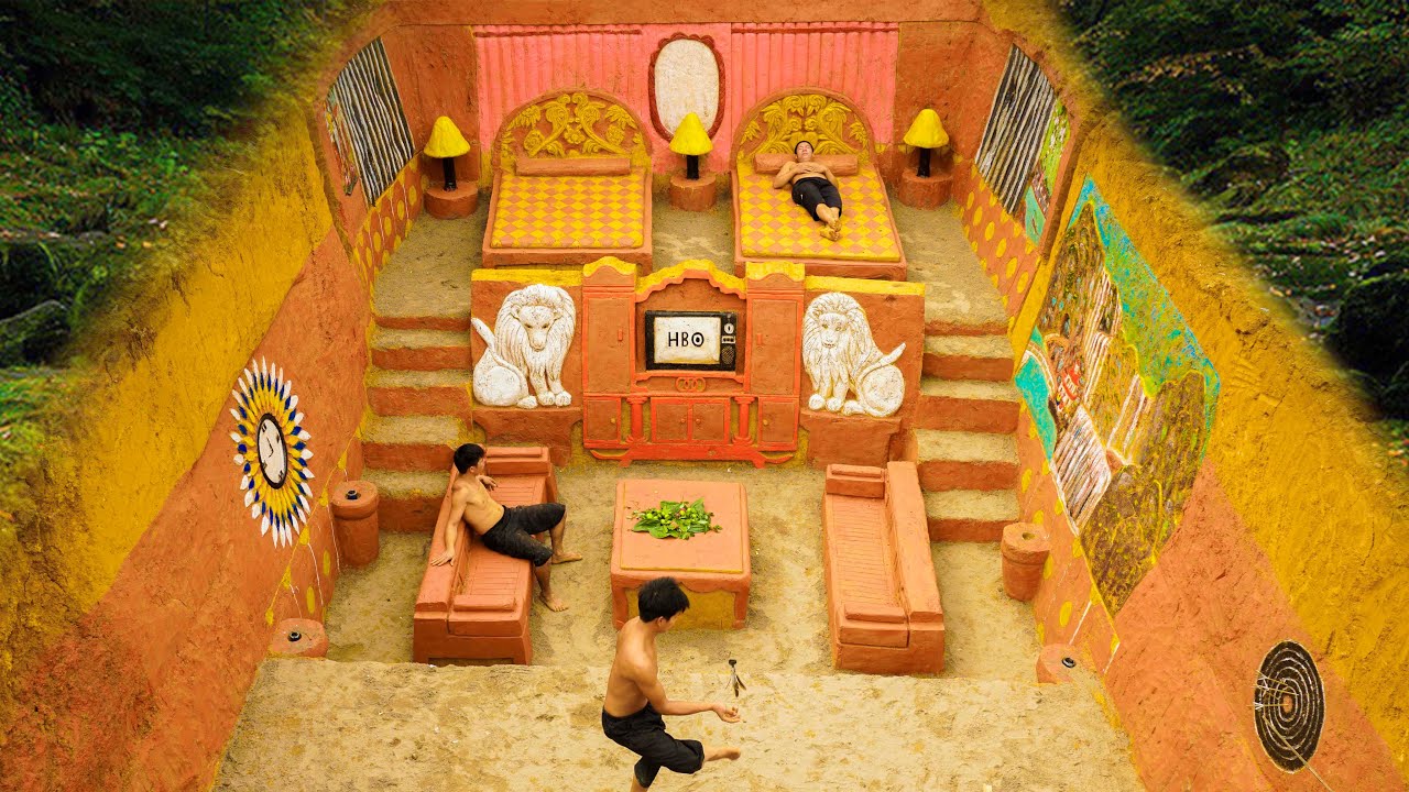 100 Days Build Underground House With Large Bed And Modern Underground Swimming Pool