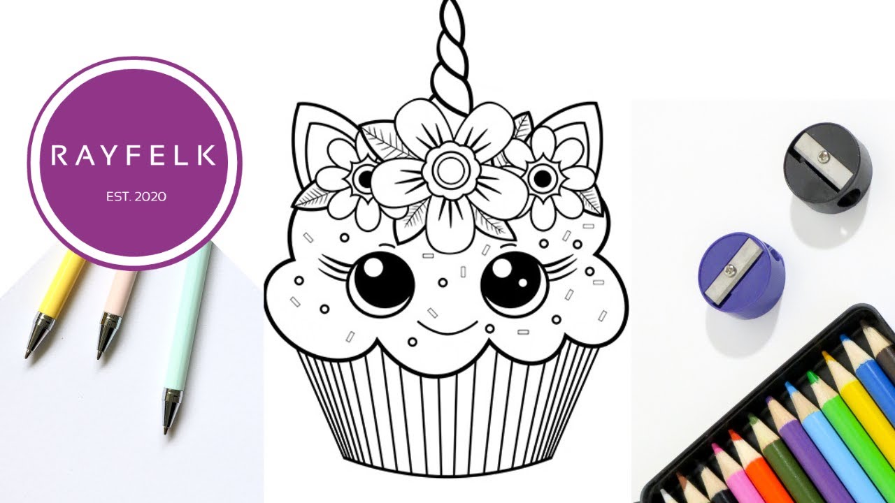 Unicorn Cupcake Coloring Page | Free Unicorn coloring Pages | Rayfelk Arts and Printables