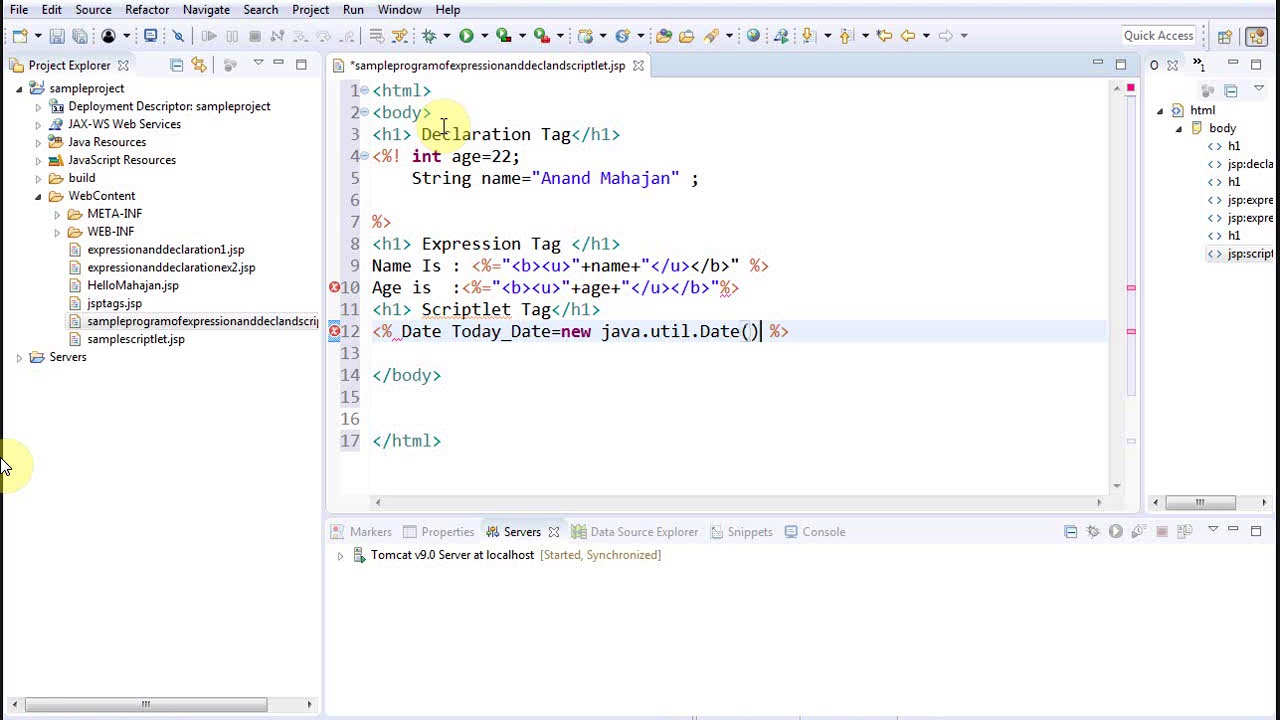 JSP sample Program of declaration, expression and Scriptlet Tag