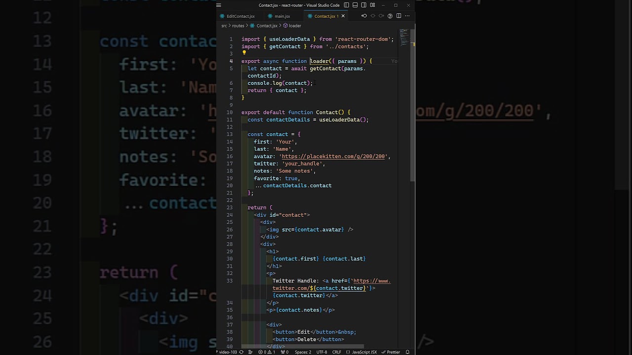 Edit Contact Form highlight values from the loader in React Router V6 - React18