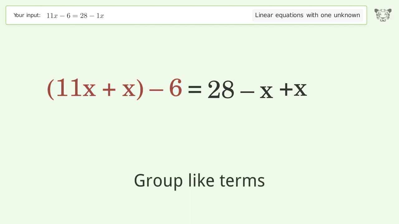 Linear equation with one unknown: Solve 11x-6=28-1x step-by-step solution