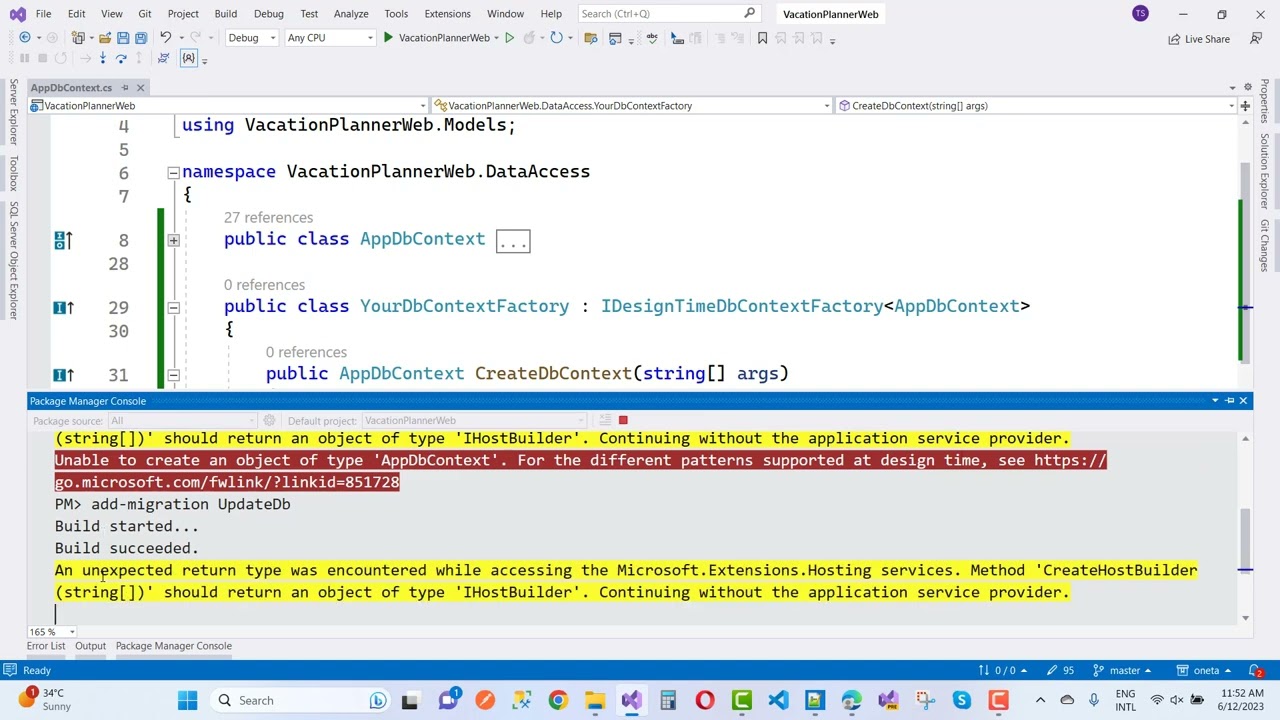 Fix: An error occurred while accessing the Microsoft.Extensions.Hosting services when do first migra