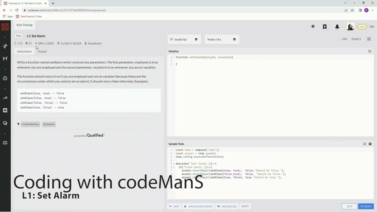 Codewars 8 kyu L1: Set Alarm JavaScript