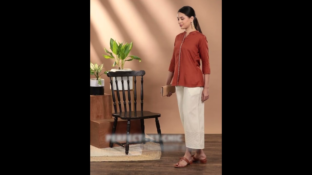 INDYES Brown Mandarin Collar Embroidered Detail Kurti SS'23 Collection