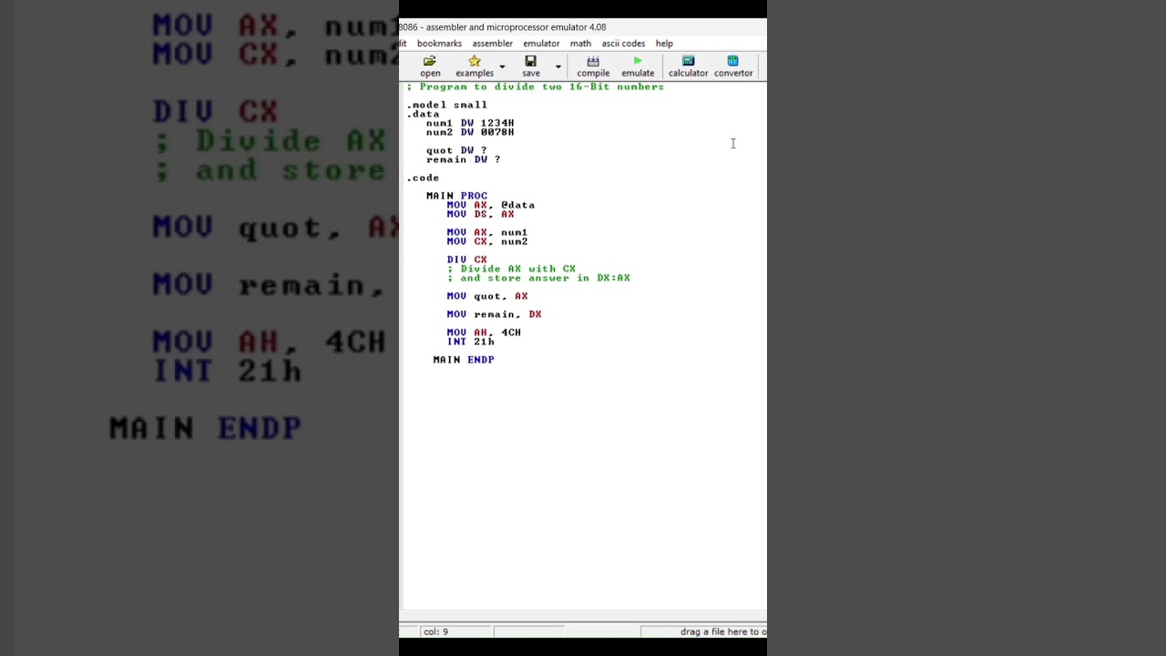 Division of two numbers | 8086 Assembly language programming #shorts