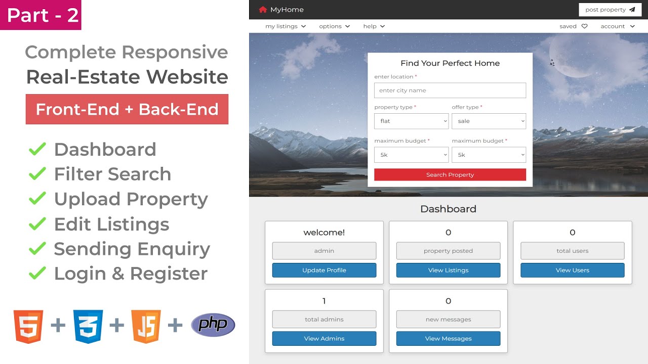 Complete Responsive Real-Estate Website Design Using HTML/CSS/JS/PHP PDO- User Login & Register