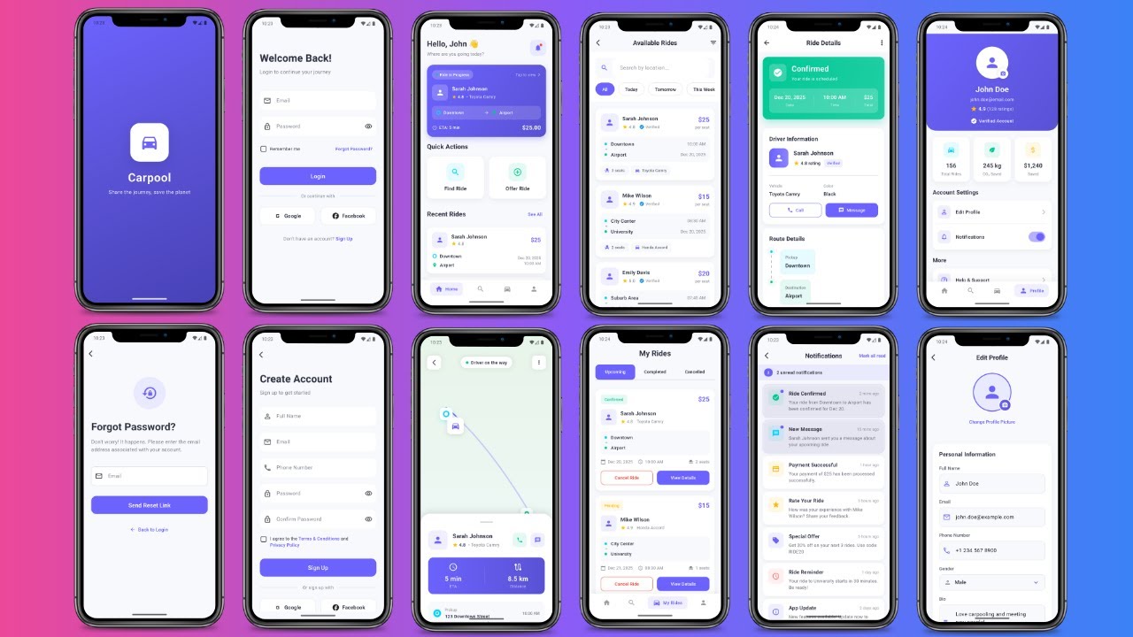 Carpool App UI Design in Flutter | Ride Sharing App UI Design