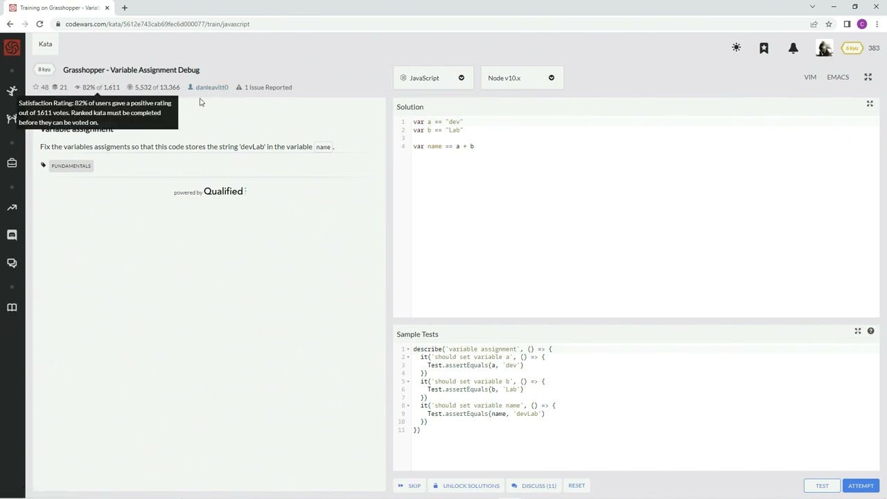 Codewars 8 kyu Grasshopper - Variable Assignment Debug JavaScript