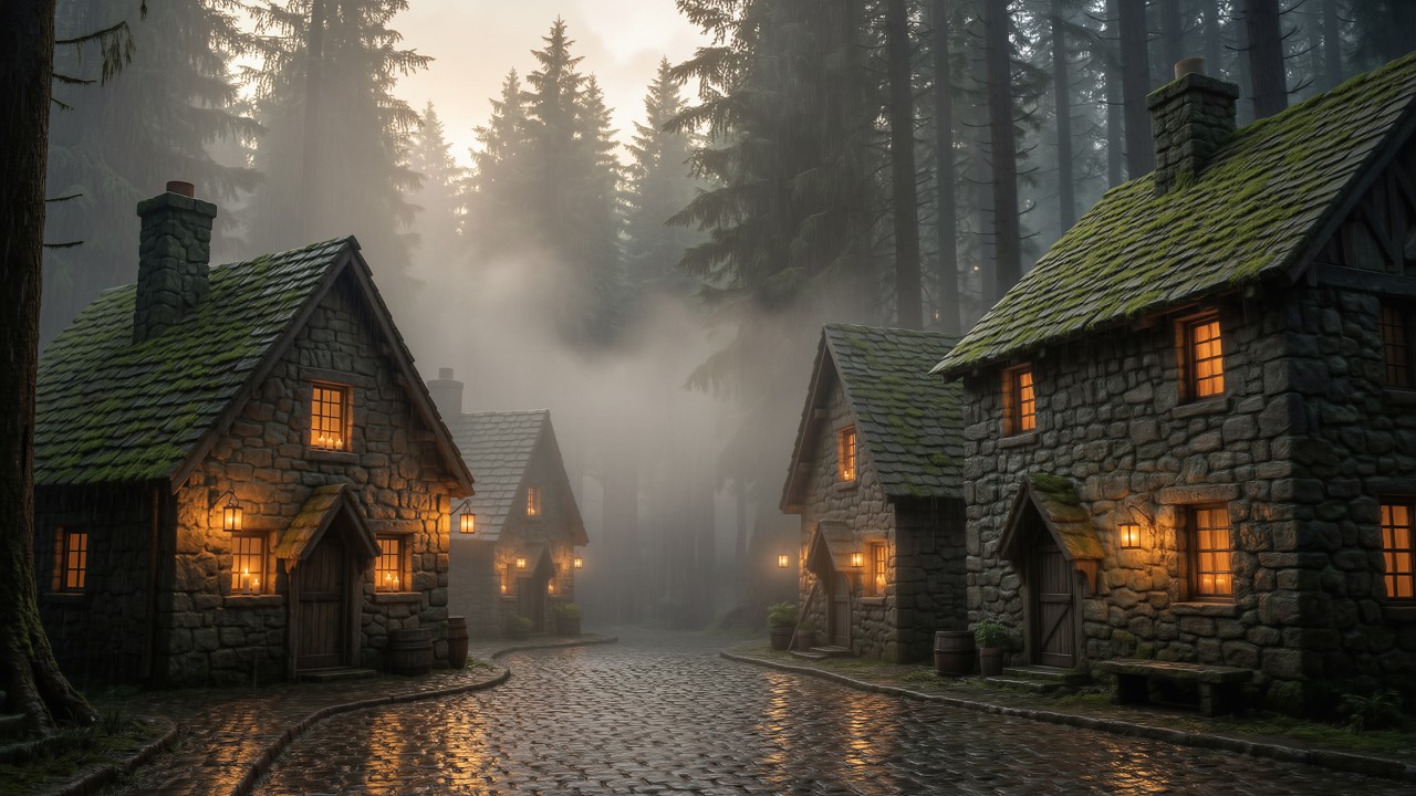 Misty Fantasy Village 🌧️ Calm Ambient Music for Sleep, Study & Relaxation | 3 Hours