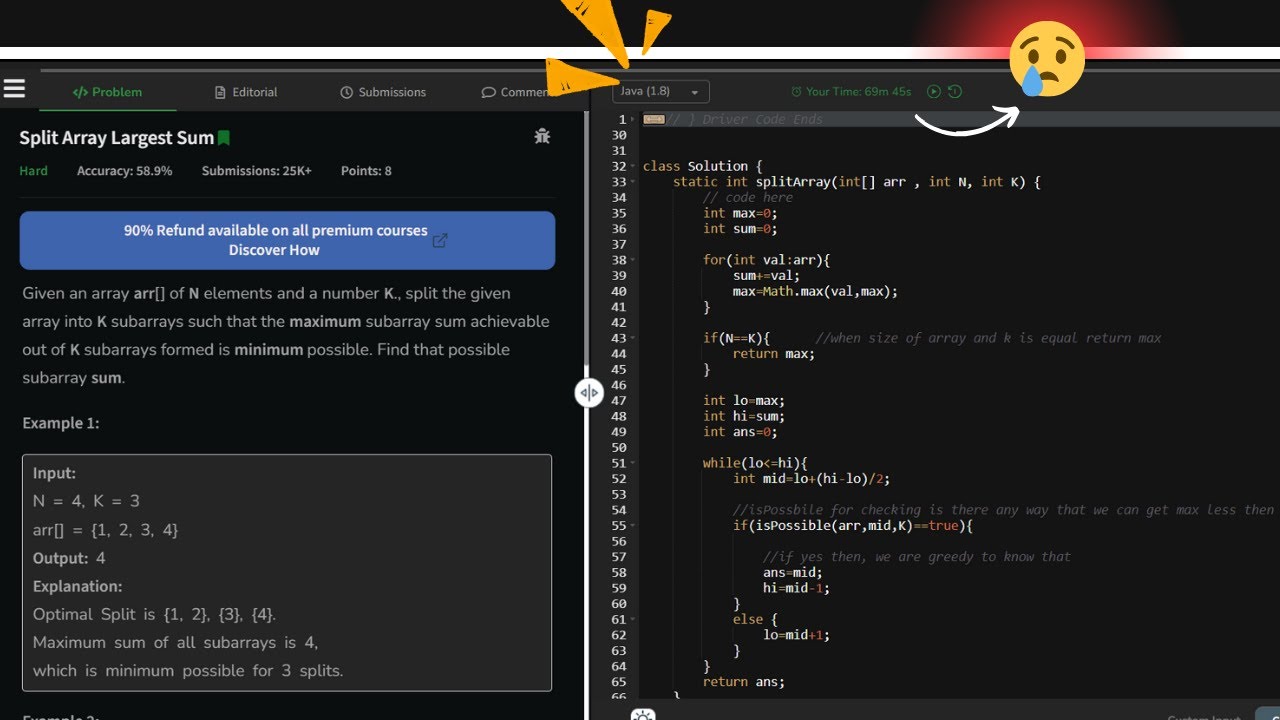 Split Array Largest Sum GeeksforGeeks potd solution | Java code | hard