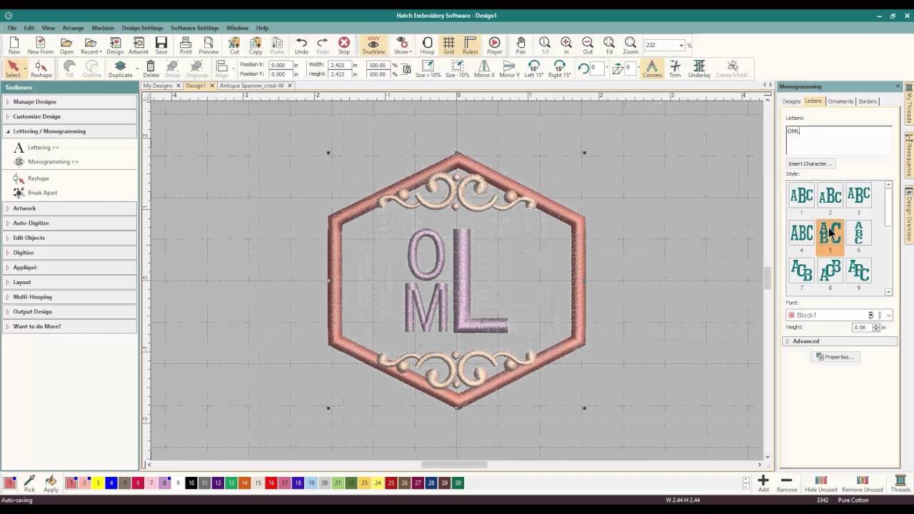 Wilcom Hatch:  Monograms are fun and easy!