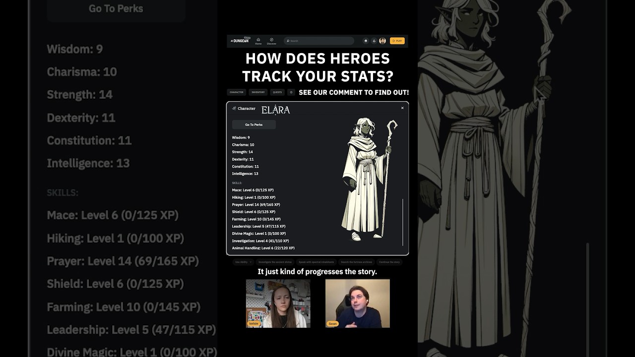 Our AI-powered RPG creates and tracks unique stats as you play! See our comment to find out more.