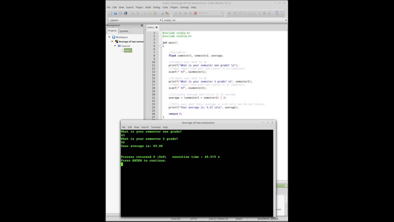 Simple Program That Averages Semester One And Two Grades - C Programming