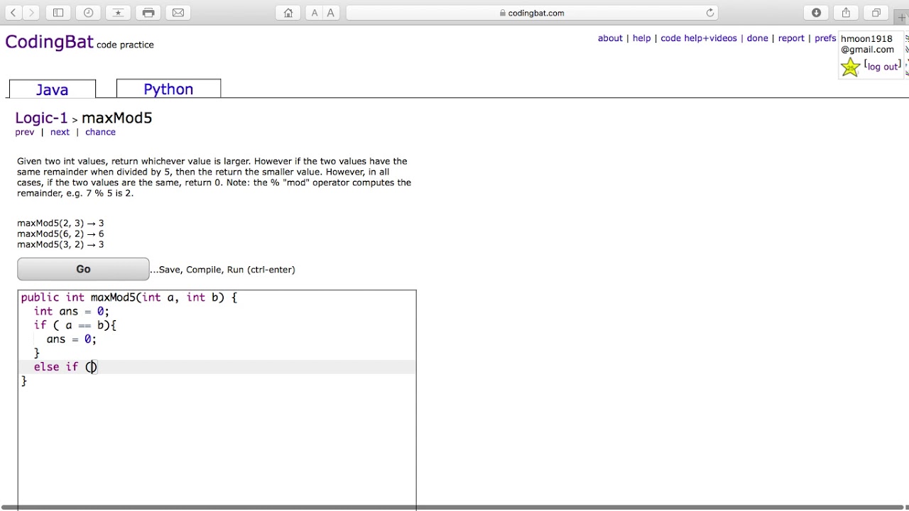 Logic 1 maxMod5 Java Tutorial || codingbat com