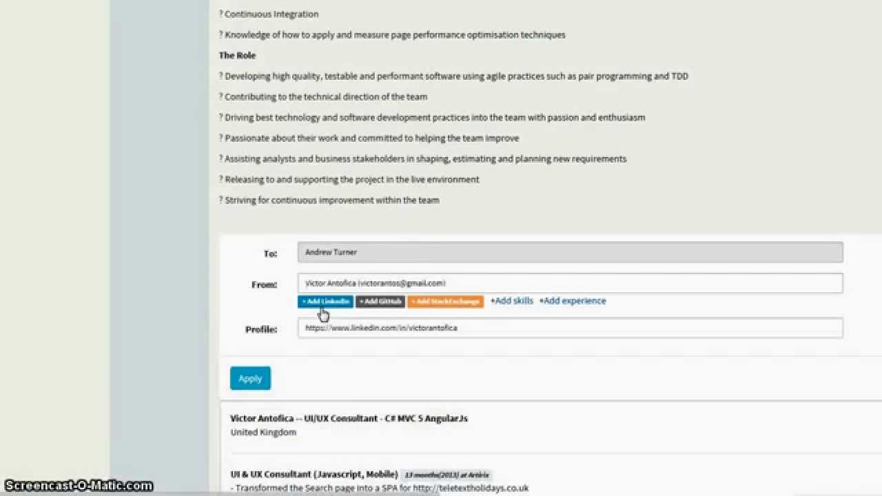 Apply for angularjs jobs using LinkedIn profile