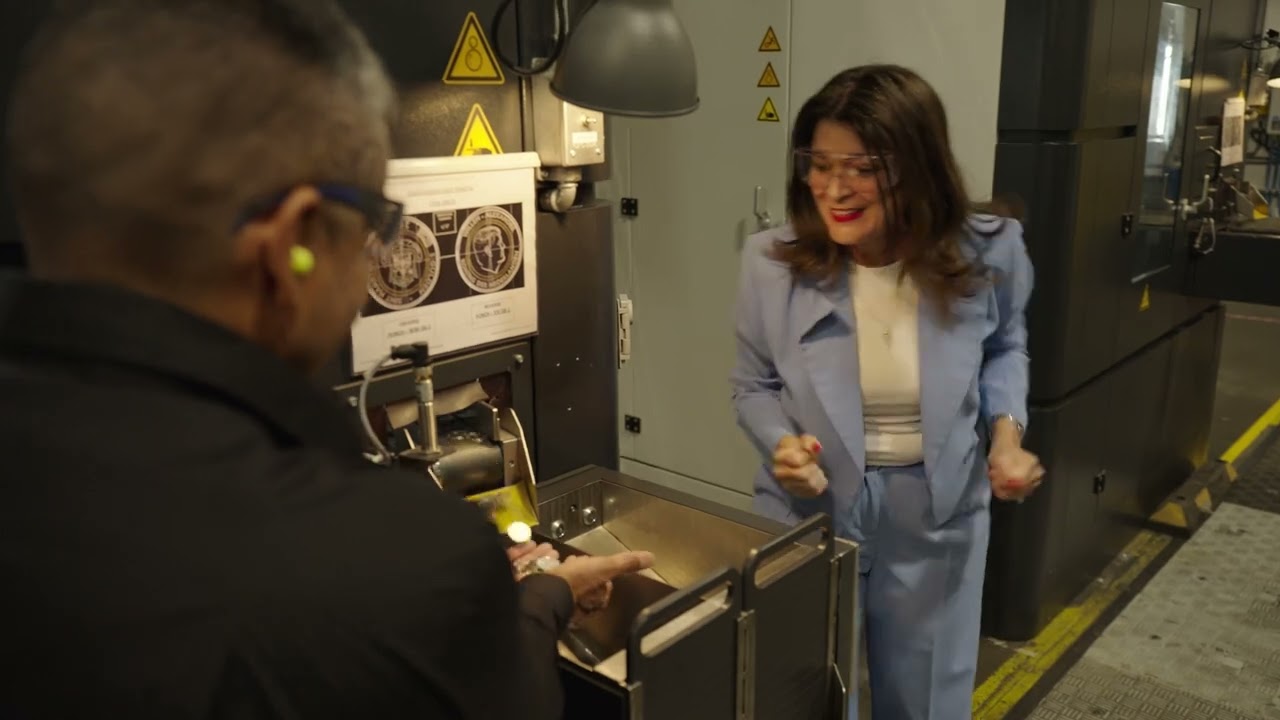 First strike of the 1 & 5 Caribbean guilder coins by Mrs. Leila Matroos-Lasten at RCM