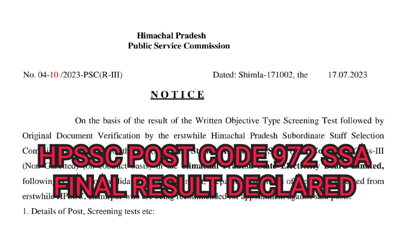 🔴 #HPSSC POST CODE 972 SSA FINAL RESULT DECLARED