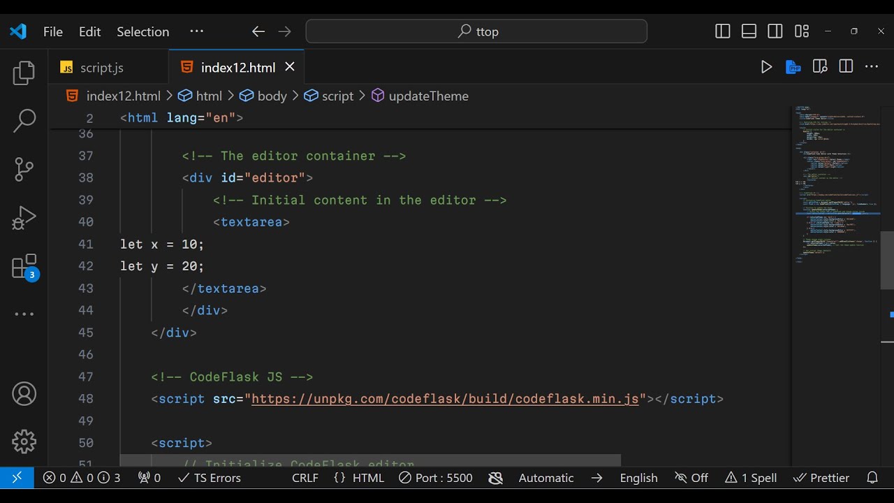 Javascript CodeFlask IDE Syntax Highlighter Example to Highlight Source Code in Browser Full Example