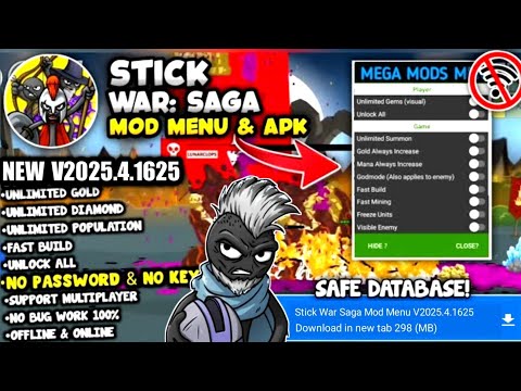 "Stick War Saga MOD MENU V2025.4.1625 🔥 Unlimited Gold, Diamond, God Mode | No Key, No Password!"