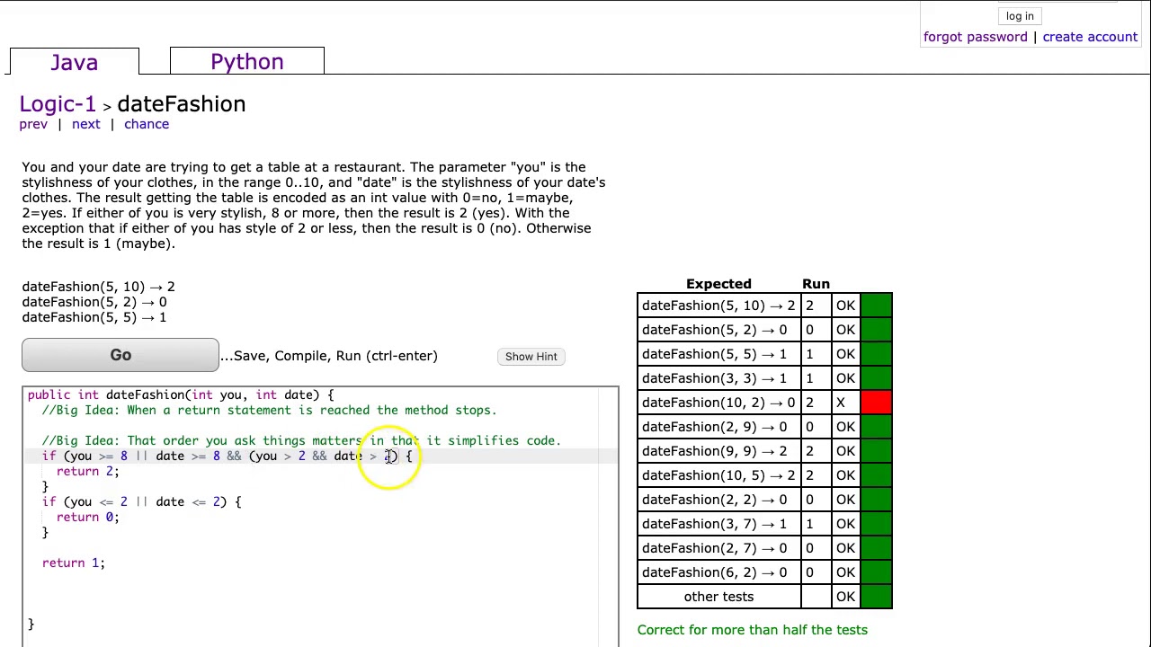 Codingbat - dateFashion (Java)