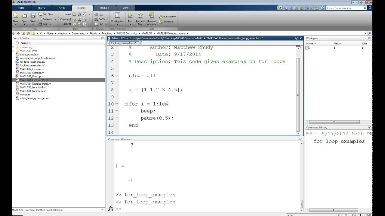 MATLAB Tutorial Lesson #04c:   Basics of For Loops