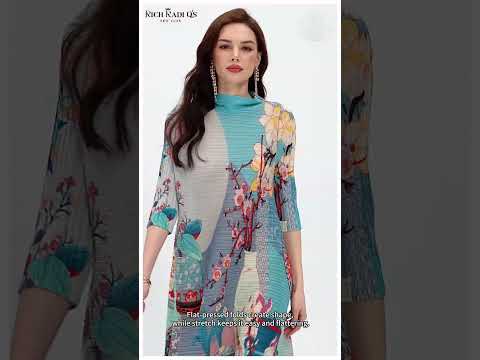 Artistic Print Pleated High Neck Dress
