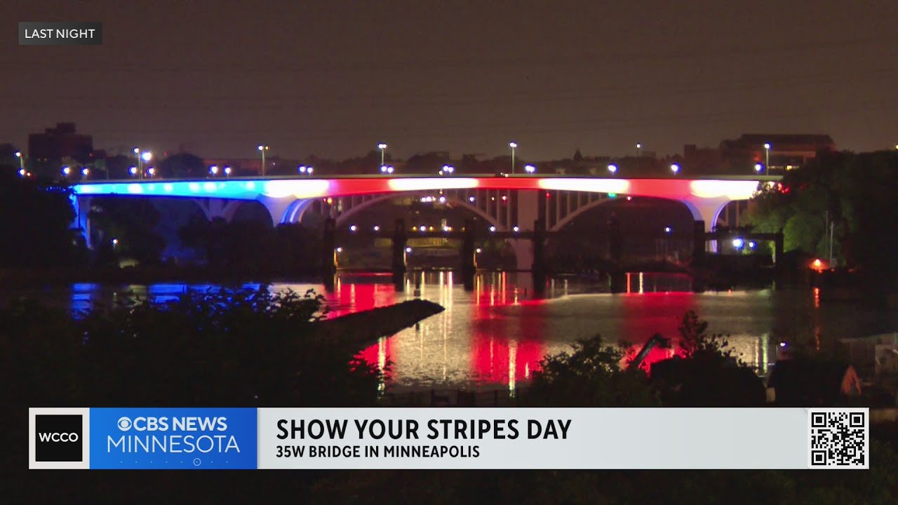 A Minneapolis bridge lit up for climate change
