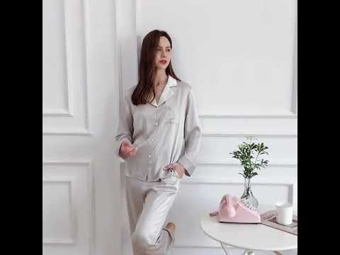 Women's Silver Gray Silk Pajamas Long Sleeve PJ Set - PandaSilk.com