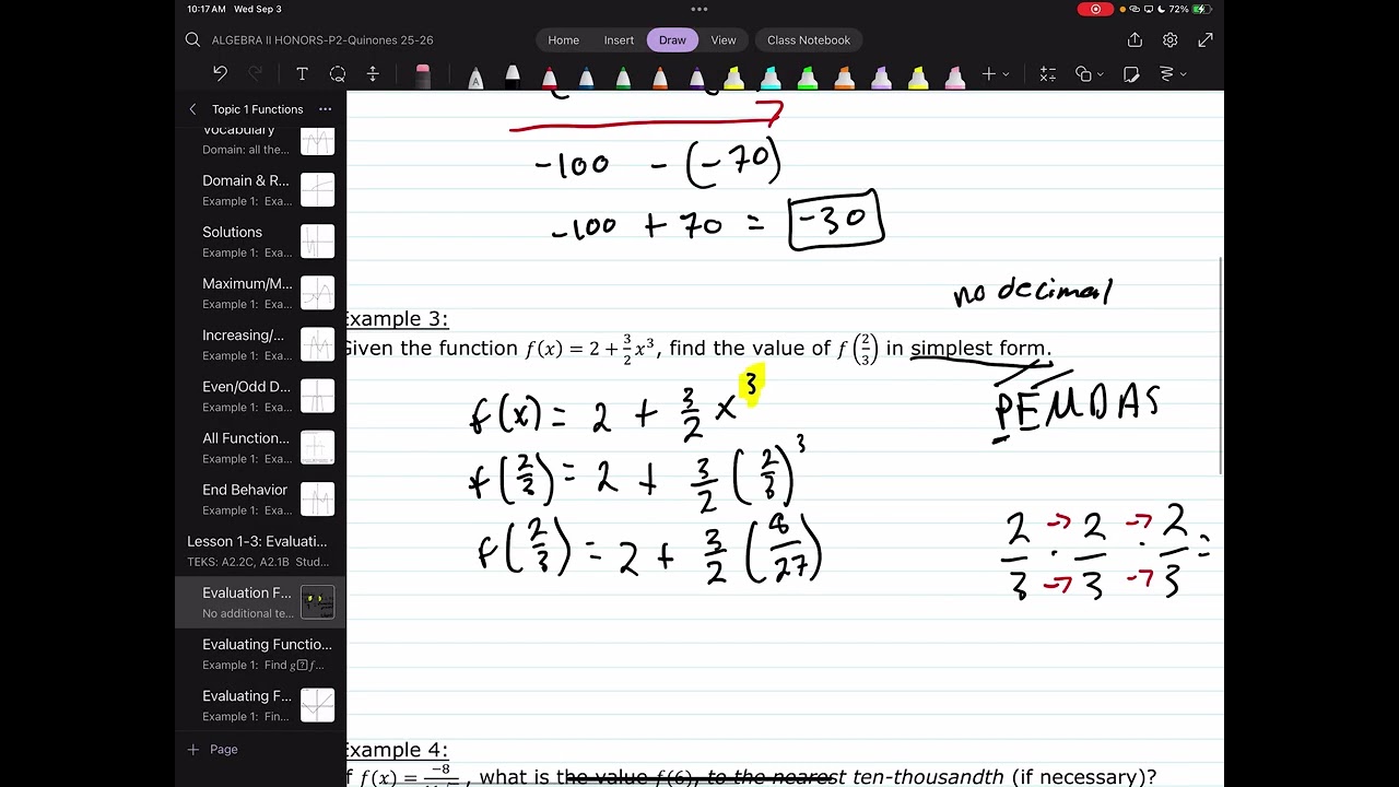 Algebra 2 Lesson 1-3: Evaluating Functions